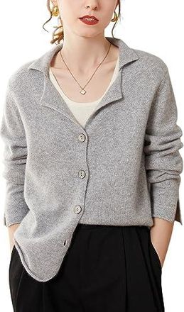 Dissa Gilet Cachemire Femme Revers Gris Clair Solide Couleur Tricoté en Vrac Manches Longues épais Cardigan en Cachemire et Laine,42,SPR2218