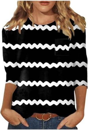 Generic T-shirt femme manches 3/4 &eacute;t&eacute; d&eacute;contract&eacute; polyvalent normal simple imprim&eacute; col rond chemise d&eacute;contract&eacute;e, Noir, XXL