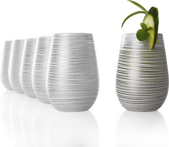 Stölzle Wassergläser Twister Weiß-Silber 6er-Set 465 ml - Allroundgläser für Wasser, Saft & Cocktails - Hochwertige Trinkgläser aus bleifreiem Kristallglas - 