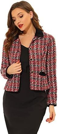 Allegra K Manteau &eacute;l&eacute;gant en tweed &agrave; col en velours pour femmes Rouge S