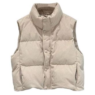 Generic Gilet sans manches en velours c&ocirc;tel&eacute; pour femme, matelass&eacute; et chaud, col montant, fermeture &eacute;clair et boutons pression, couleur abricot, taille XL