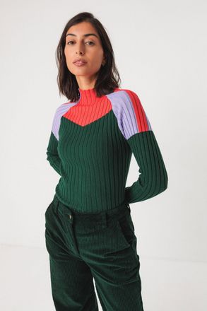 SKFK Damen vegan T-Shirt Rippenstrick Maritza Mehrfarbig Gr&uuml;n/Pink