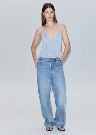 Mango Lurex-Stricktop mit Ajourmuster himmelblau - Damen - XXS - MANGO