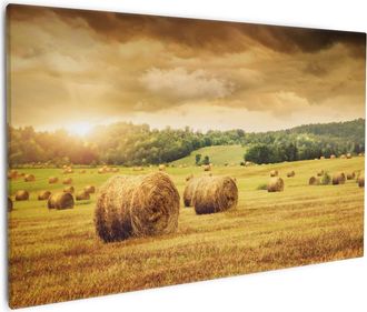 Wallario Leinwandbild Strohballen auf dem Feld bei Sonnenuntergang - Wandbild 60 x 90 cm: Kunstdruck | Brillante lichtechte Farben | hochauflösend | verzugsfre