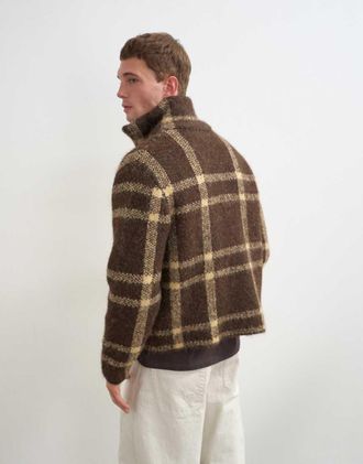 Topman karierter Strickpullover im lockeren Schnitt mit Rei&szlig;verschluss in Braun