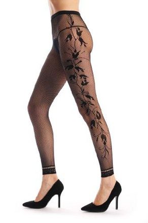 Liss Kiss Tulip Flowers On The Side With Lace Trim Footless Fishnet - Noir Opaque Collant Sans Pied (Leggings) Taille Unique (34-42)