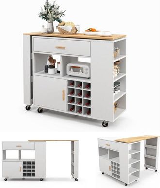 Costway Ilot Central de Cuisine2 en 1, Meuble de Bar, Desserte sur roulettes avec Plans de Travail en Bois dHévéa, Étagère Réglable, Casier à Vin pour 12