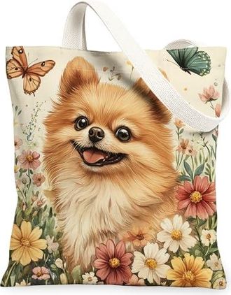 Generic Sac fourre-tout en toile motif chien de Pom&eacute;ranie printanier 33 x 38,1 cm, sac d&eacute;picerie r&eacute;utilisable vintage pour femme, animal de compagnie, motif v