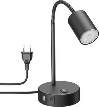 LEDs Com Tischleuchte WAIKA, schwarz, USB-A, USB-C, inkl. GU10 LED Lampe (3-Stufen-Dimmer, warmweiß, 6,3W, 374lm, 70°)