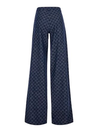Gucci Womens Chambray Denim Trousers With Gg Print Blue Cotton