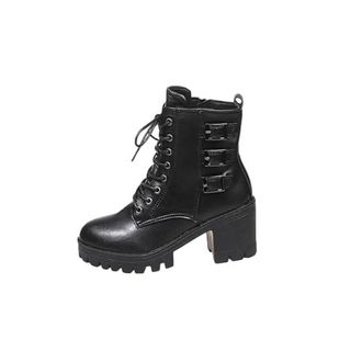 Generic Bottes de motard pour femme &agrave; talon bloc &eacute;pais &eacute;l&eacute;gantes &agrave; lacets de couleur unie en similicuir avec boucle lat&eacute;rale et fermeture &eacute;clair lat&eacute;rale, bot