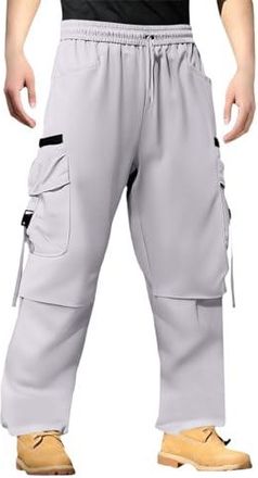 Generic Pantalon de jogging cargo d&eacute;contract&eacute; pour homme avec poches utilitaires pour les courses quotidiennes, taille &eacute;lastique, pantalon d&eacute;contract&eacute;, Cendr&eacute;