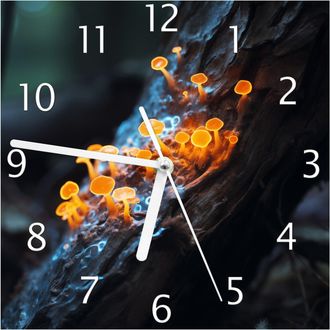 Wallario Design-Wanduhr Leuchtendes Pilzwunder aus Glas, Motiv-Uhr Größe 20 x 20 cm, weiße Zeiger