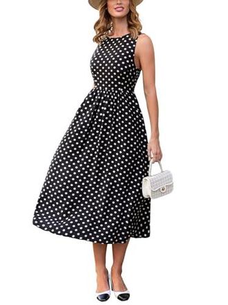 Cupshe Robe d&eacute;t&eacute; pour femme - Sans manches - &Eacute;l&eacute;gante - Vintage - Ligne A - Robe maxi avec pois - Robe de f&ecirc;te, de vacances, de mariage, Noir, XL