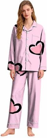 Generic Pyjama de Saint-Valentin pour femme - Tenue de Saint-Valentin avec noeud, motif coeurs et boutons - Pyjama doux 2 pi&egrave;ces - Legging de sport 3/4 pour f