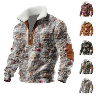 Generic Sweat de Noël pour homme avec fermeture éclair 1/4 - Haut amusant de Père Noël - Grande taille - Pull à manches longues en peluche - Col montant - Cos