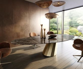 DELIFE Esstisch Edge Oval 315x150 cm Keramik Emperador Extra Lucidato Dunkelbraun Parabel Metallic Gold, Esstische