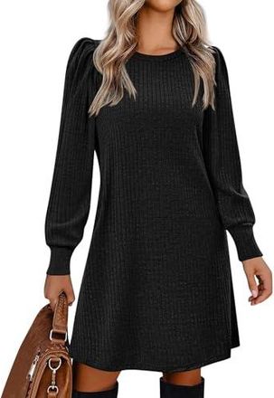 Generic Robe Femme Casual Robe Pull Hiver &agrave; Manches Longues Robe A-Line &agrave; Col Rond pour Femme Chic Mini Robe Robe Courte D&eacute;contract&eacute;e Couleur Unie Automne Hiv