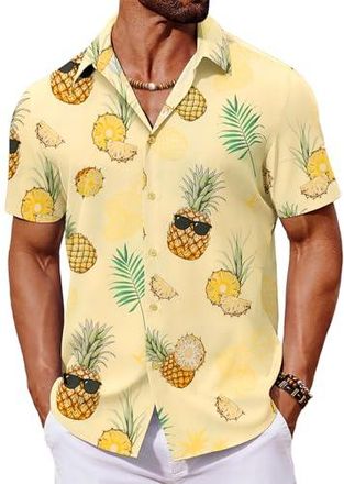 Coofandy Chemise hawa&iuml;enne &agrave; manches courtes pour homme - Chemise d&eacute;t&eacute; boutonn&eacute;e Aloha, Ananas jaune., L