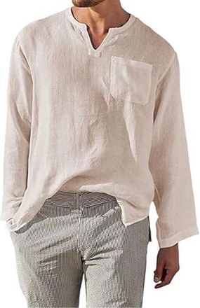 Generic Chemise d&eacute;t&eacute; l&eacute;g&egrave;re en lin blanc, sans armatures, coupe droite, col montant, chemises de loisirs, en coton et lin, chemises en coton l&eacute;ger avec bouton