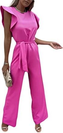 Minetom Femmes Combinaison Élégant Volants Manches Courtes Col Rond Cocktail Soirée Cérémonie Jumpsuit Pantalon avec Ceinture Poches A Rose L