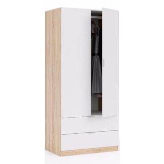 PEGANE Pegane - Armoire avec 2 portes 2 tiroirs Coloris chêne et blanc - Dim : l 81 x h 180 x p 52 cm