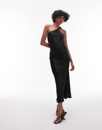 & Other Stories Midikleid aus Satin in Schwarz mit verdrehtem One-Shoulder-Tr&auml;ger-Braun