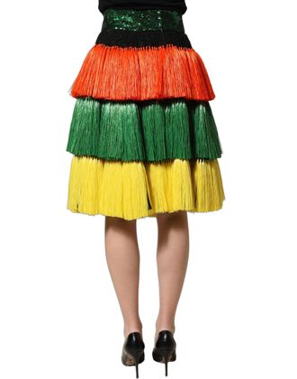 Dolce & Gabbana Womens Multicolor Fringe Sequin High Waist Knee Length Skirt Silk