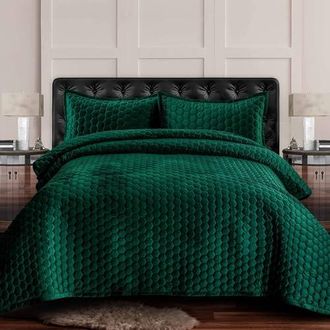 Tribeca Living Velvet King Quilt Set - Dreiteiliges Lugano Wabenstich Bettwäsche, superweicher 260 g/m² Samt, übergroße Steppdecke und Zwei Kissenbezüge, Smaragdgrün