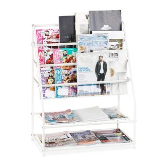 Relaxdays Zeitschriftenregal Metall, HBT: 81 x 67 x 37 cm, moderner Magazinständer, freistehend, für Wohnzimmer, weiß