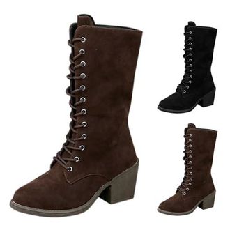 Generic Bottes montantes pour femme, chaussures &agrave; talon bloc &agrave; lacets pour femme, chaussures mi-mollet r&eacute;tro &agrave; bout pointu, chaussures tendance vintage, gothi