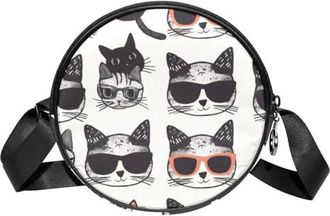 Generic Sac &agrave; bandouli&egrave;re rond pour femme, petit sac &agrave; bandouli&egrave;re hipster, motif chats hipster, sac &agrave; dos avec fermeture &eacute;clair, bretelles r&eacute;glables, sac &agrave; m