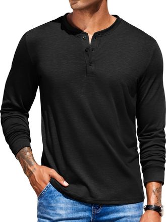 Coofandy Henley Shirt Herren Langarm Longsleeve Tshirt Einfarbig Langarmshirt Henley Pullover M&auml;nner mit Knopfleiste Schwarz XXL