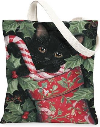Generic Sac fourre-tout en toile motif chat - R&eacute;utilisable - Motif animal de vacances - L&eacute;gers et lavables - Pour un usage quotidien - 33 x 38 cm