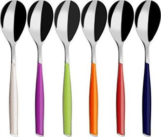Bugatti Glamour, Lot de 6 cuill&egrave;res &agrave; caf&eacute; en Acier Inoxydable 18/10 et poign&eacute;es de Couleurs m&eacute;lang&eacute;es: Ivoire, Bleu, Iris, Vert, Orange, Rouge, Moulage Pro-T