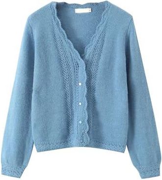 Generic Cardigan en tricot pour femme avec trous ajour&eacute;s et col en V Bleu, Bleu smog, XS