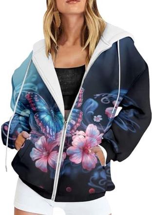 Generic Veste &agrave; capuche zipp&eacute;e pour femme 2026 - Imprim&eacute; graphique - Coupe ample d&eacute;contract&eacute;e - Avec poches avant pour un confort quotidien, bleu ciel, XXL