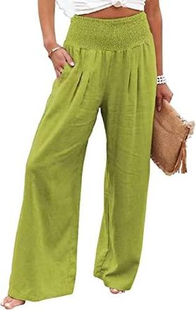 Lazutom Pantalon en coton et lin pour femme - Taille haute élastique - Jambe large - Pantalon de détente décontracté et ample, Vert, 42