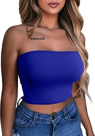 Minetom Débardeur Femmes Haut Bandeau T-Shirt Eté Dos Nu Tank Top Sexy Couleur Unie Crop Tops sans Manches Slim Fit Camisoles de Base A Bleu S