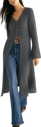 Generic Cardigan long &eacute;l&eacute;gant &agrave; col en V boutonn&eacute; pour femme, gris, XL-6XL