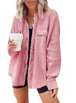 Generic Chemise boutonn&eacute;e &agrave; manches chauve-souris en tricot gaufr&eacute; pour femme, chemise d&eacute;contract&eacute;e &agrave; manches longues boutonn&eacute;e l&eacute;g&egrave;re, rose, XXL