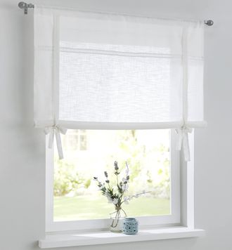 Kutti Heimtextilien Vicky weißes Raffrollo Raffgardine Leinenoptik mit Hohlsaum-Spitze, Tunnelzug, Landhaus-Gardine Küche, Baumwolle, Bindegardine, Rollgardine, Breite 80