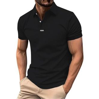 Generic Polo pour homme europ&eacute;en, pur, color&eacute; et polyvalent avec col ample, boutonni&egrave;re, col ouvert, manches courtes de sport c&ocirc;tel&eacute;es, Noir, 3XL