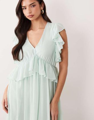 Vero Moda Robe longue en mousseline &agrave; volants - Vert sauge
