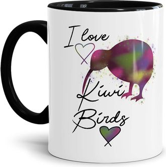 Tassendruck Keramik Tasse mit Spruch - Kiwi Tasse - I Love Kiwi Birds - Geschenkideen für Familie, Freunde und Kollegen - Innen & Henkel Schwarz, 300 ml