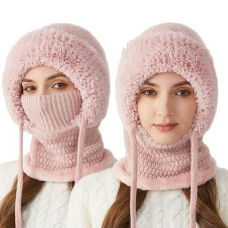 Generic Bonnet 3 en 1 avec &eacute;charpe et masque, bonnet 3 en 1 pour femme, &eacute;charpe de ski tricot&eacute;e et masque, cagoule, rose, taille unique