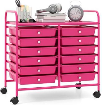 Giantex Chariot de Rangement, 12 Tiroirs, Roulettes Pratiques, Grande Planche de Travail, Poign&eacute;es Lat&eacute;rales, Glissi&egrave;res Douces, Chariot Polyvalent pour Salon