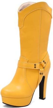 Generic Bottes Femmes Mi-Mollet avec Ceinturon À Boucle Plateformes Talons Hauts Bout Rond Cuir Faux Bottes De Soirée De Mode,Jaune,41 EU