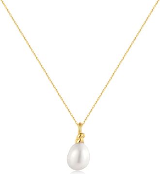 Ania Haie Damen Halskette CHIC CREATOR Freshwater Pearl Pendant Necklace aus 925 Sterling Silber 14k vergoldet, verziert mit einer Perle, Länge: 45 cm + 7,5 cm 