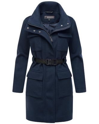 Marikoo Damen lange &Uuml;bergangsjacke Kurzmantel in Woll-Optik mit Tailleng&uuml;rtel Tanokoo 16 Navy Gr. XL